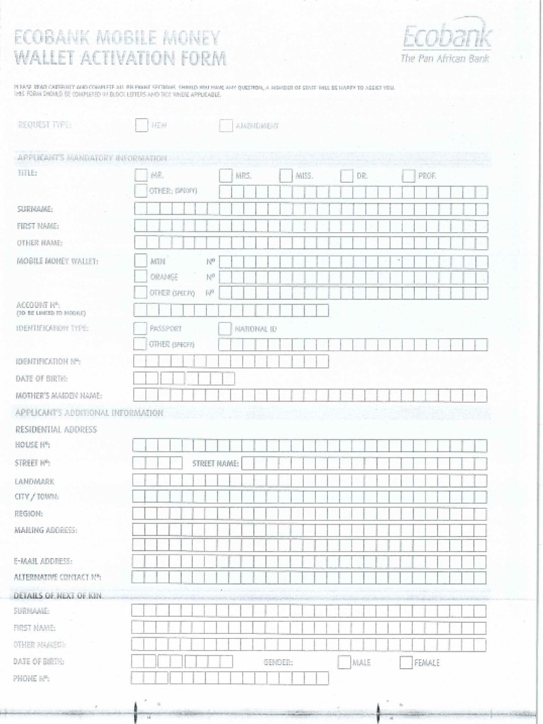 Ecobank Mobile Money Wallet Activation Form | PDF
