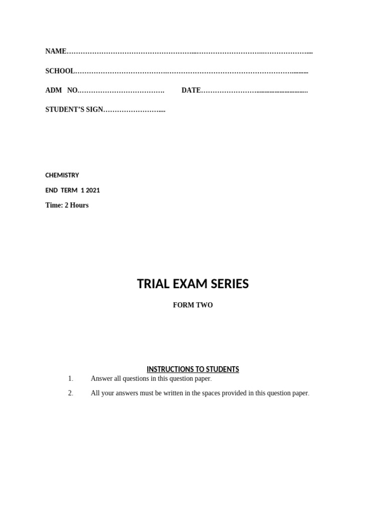 Form Two Chemistry Exam 2021 | PDF | Chlorine | Chemical Reactions
