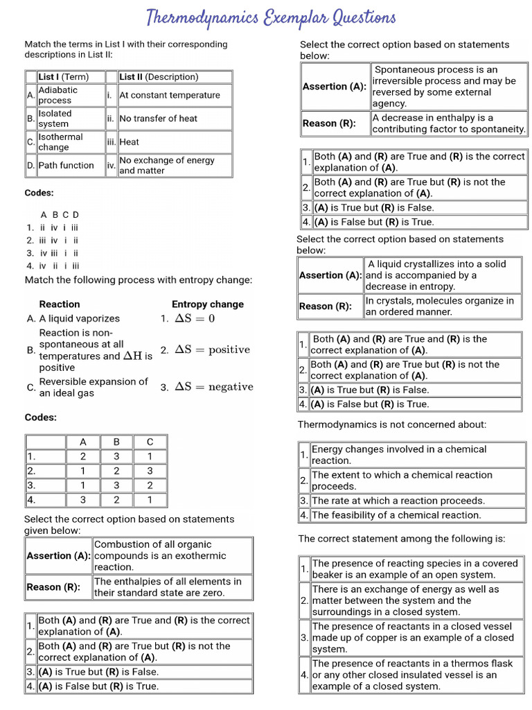 Thermodynamics Exemplar Questions | PDF