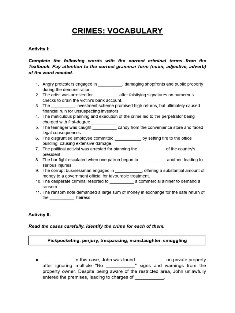 Criminal Law - Vocabulary Activity | PDF | Crimes | Crime & Violence