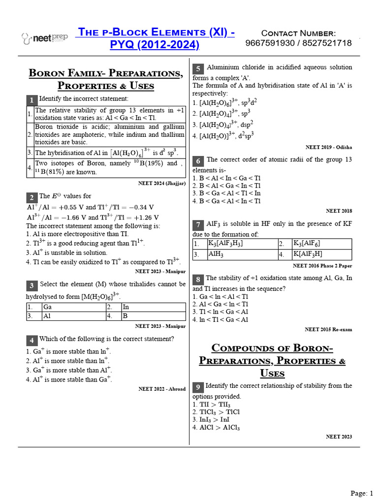 The p-Block Elements (XI) - PYQ (2012-2024) | PDF | Carbon | Silicon Dioxide
