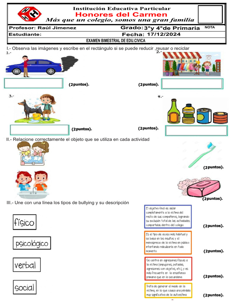IV Examen Bimestral de Educ.Civica 3ro y 4to de Primaria-HDC | PDF