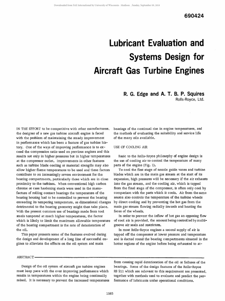 Rolls-Royce lubricant evaluation and systems design for aircraft gas turbine engines | PDF ...