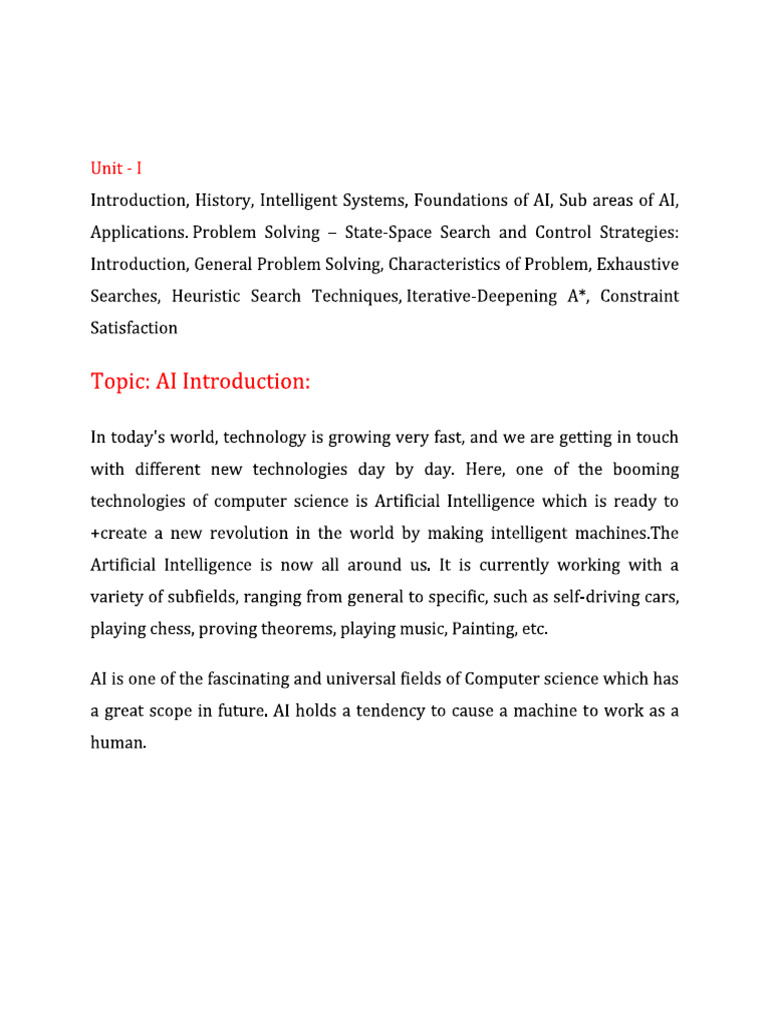 Unit - 1 Introduction To AI | PDF