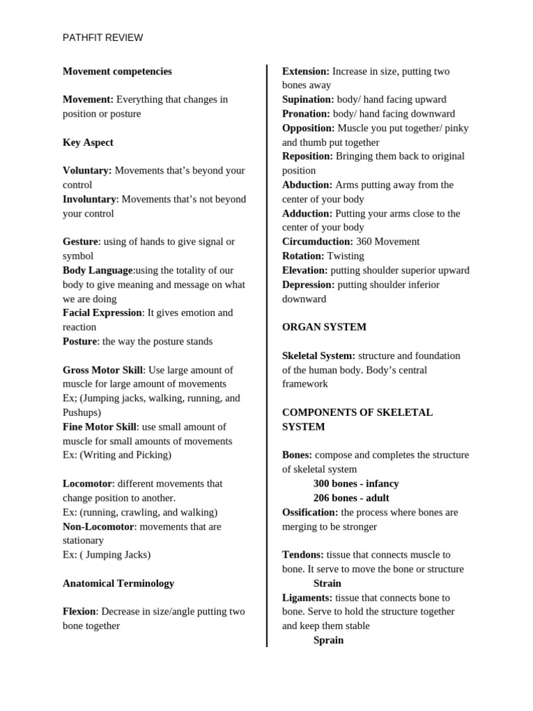 PathFit Review: Movement & Anatomy Insights | PDF | Anatomical Terms Of ...