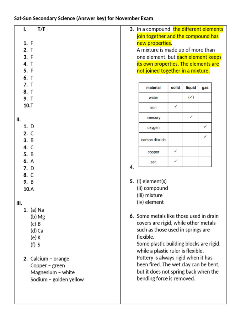 November Science Exam Answer Key | PDF | Chemical Elements | Magnesium