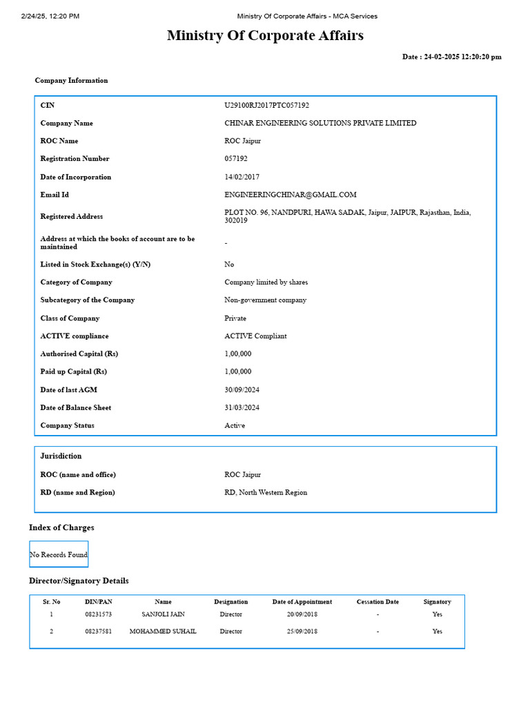 Ministry of Corporate Affairs - MCA Services | PDF