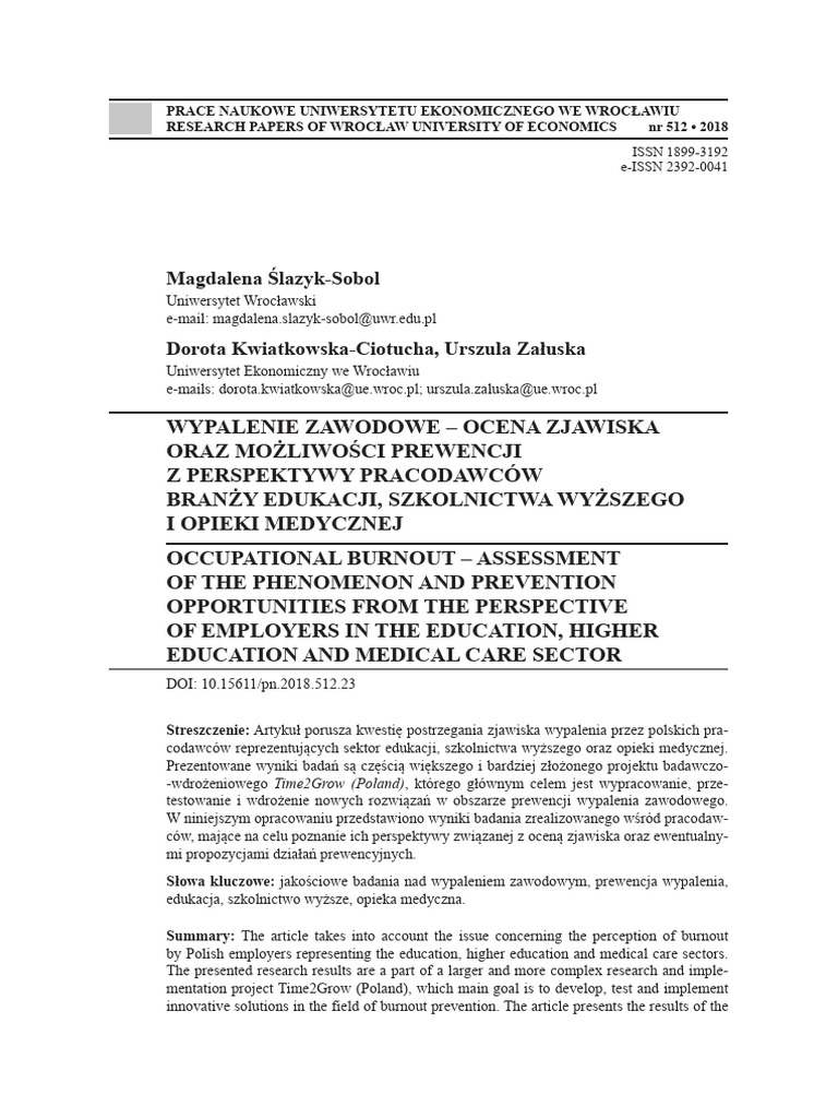 Slazyk-Sobol Wypalenie Zawodowe Ocena Zjawiska Oraz Mozliwosci 2018 | PDF