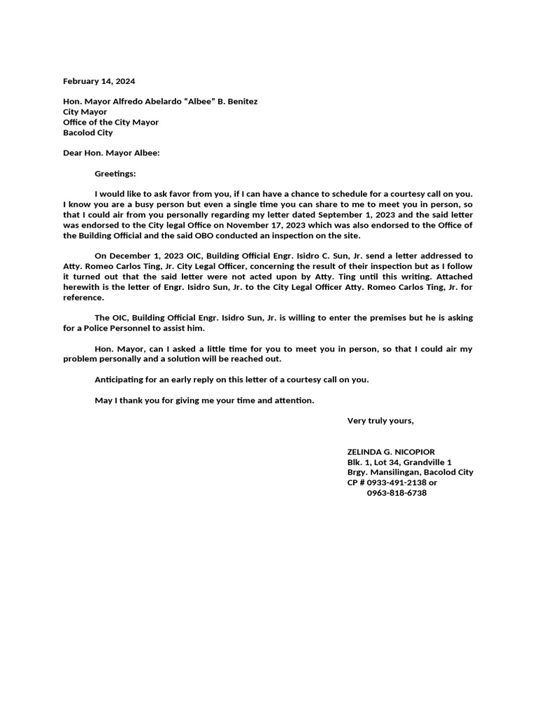 Request for Courtesy Call with Mayor Benitez | PDF