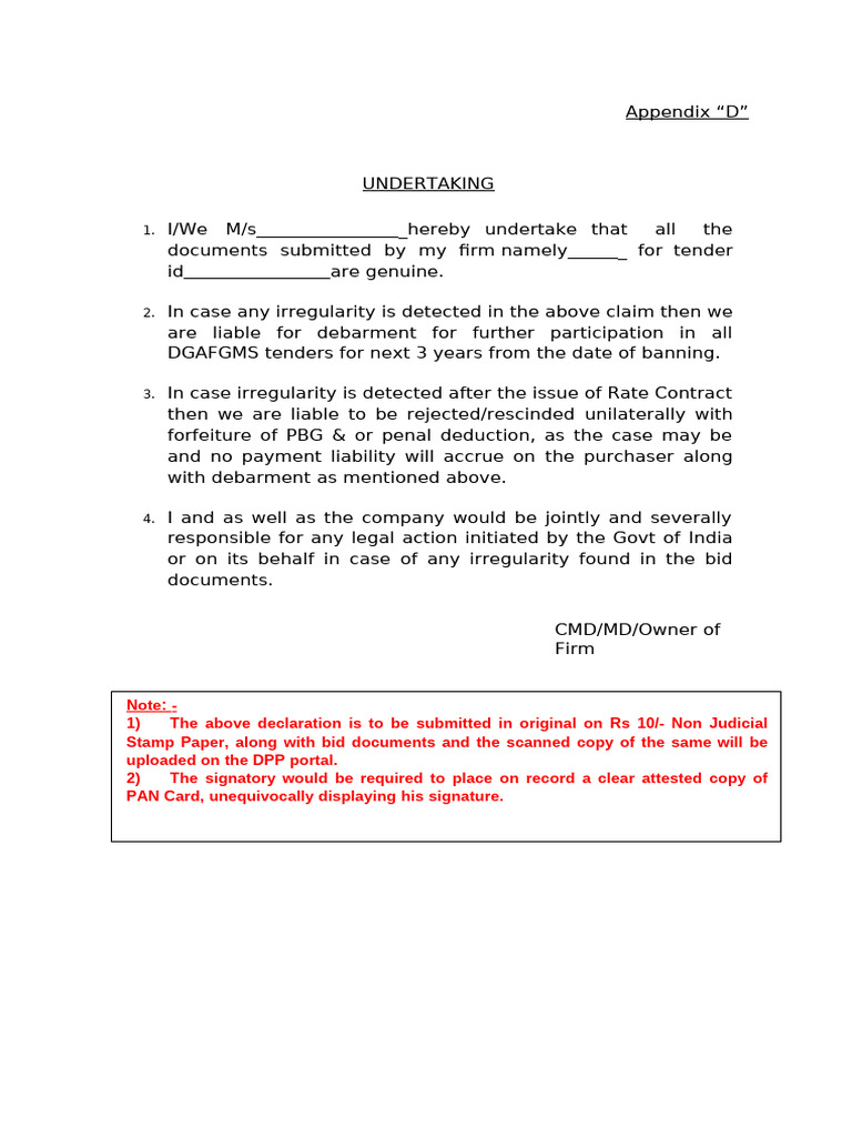 Tender Document Undertaking Agreement | PDF