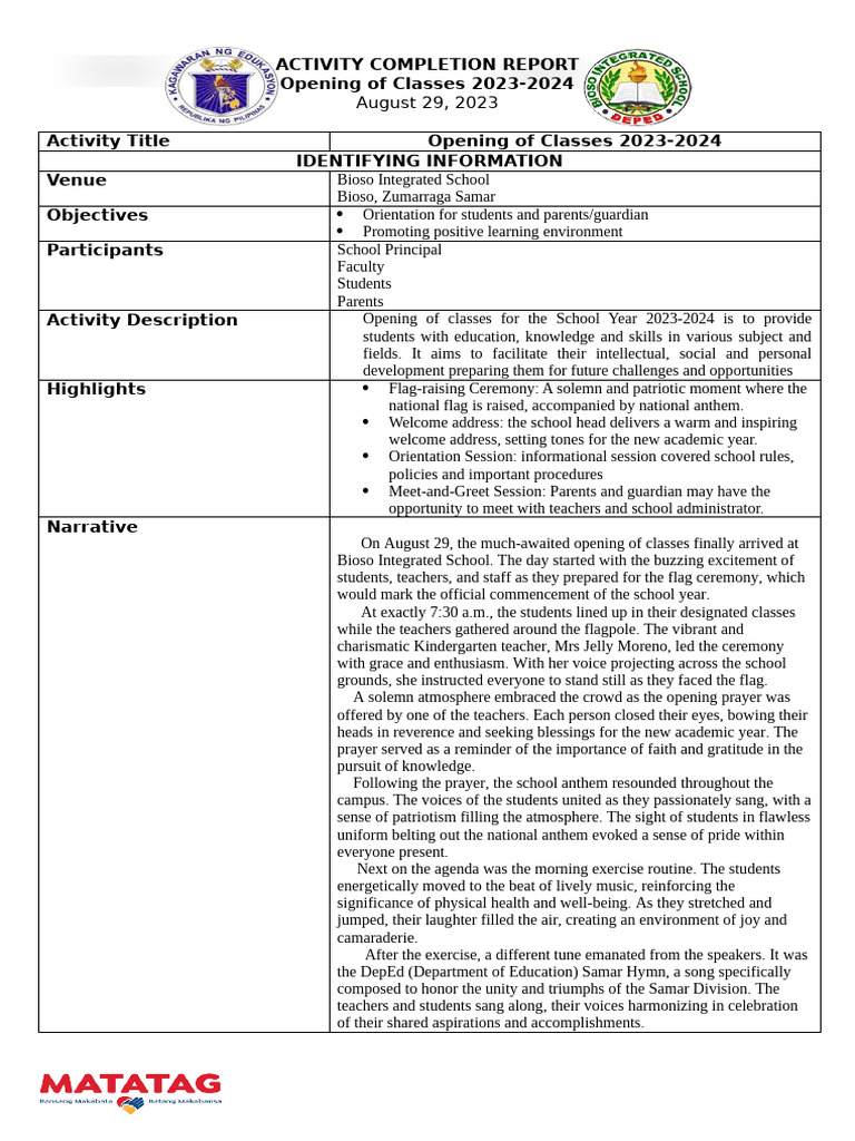 Opening of Classes 2023-2024 Report | PDF | Teachers