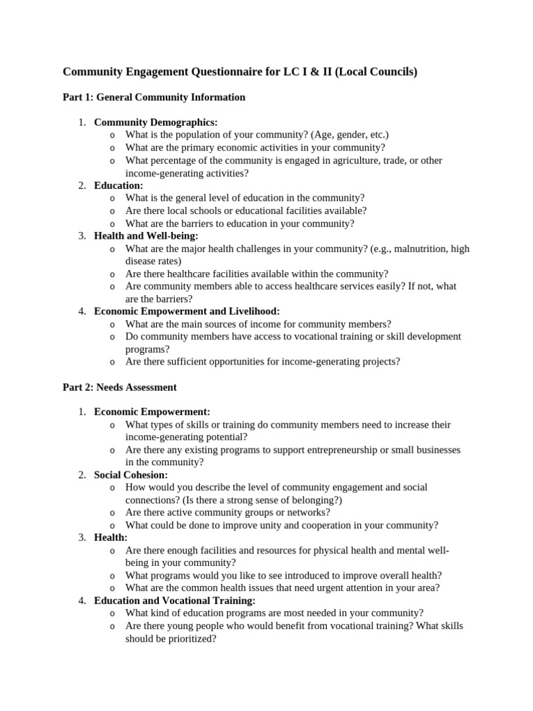Community Engagement Questionnaire For LC I | PDF | Social Psychology
