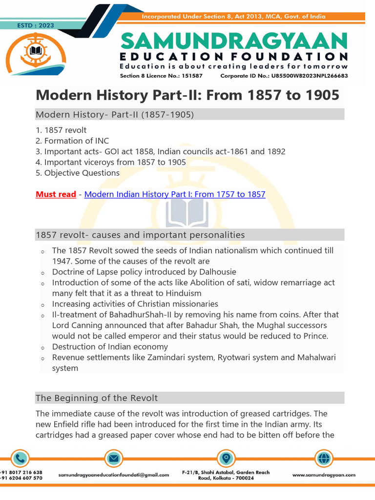 Modern History Part-II From 1857 To 1905 | PDF | Indian Rebellion Of ...