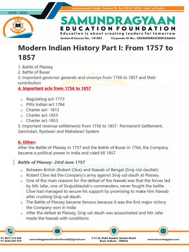 Modern Indian History Part I From 1757 To 1857 | PDF | British ...