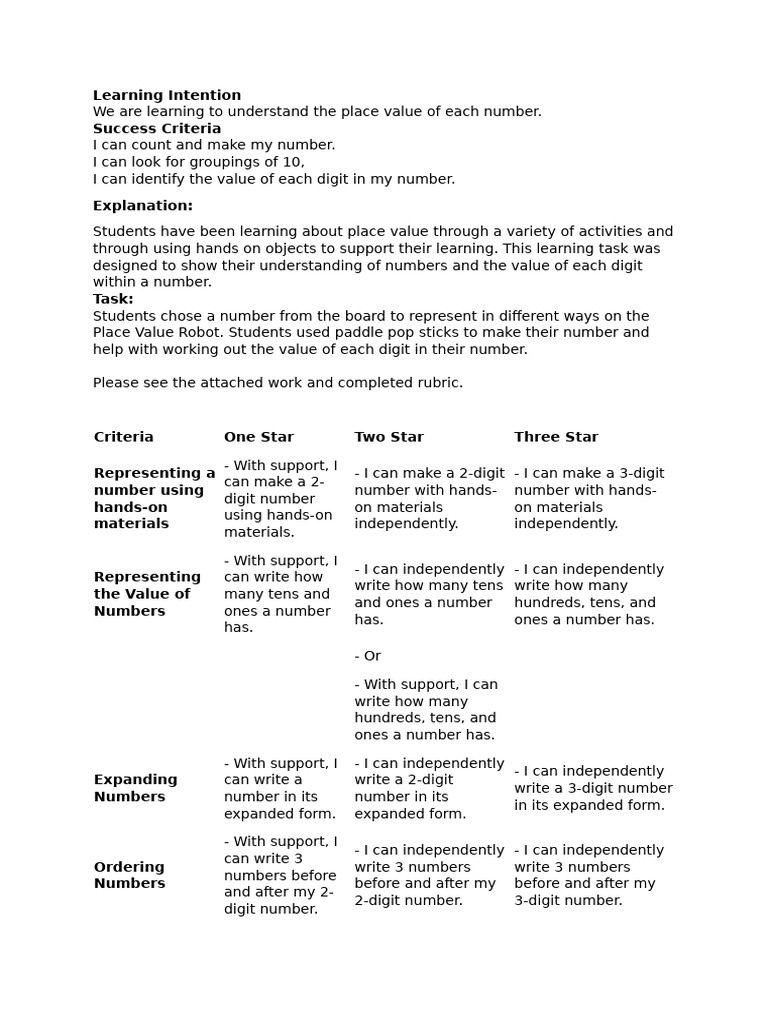 Yr1 Place Value Robot Learning Task Details | PDF