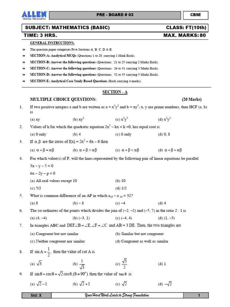 Final - FT (10th) - (Basic) - Maths - Pre Board-3 | PDF | Sphere | Circle