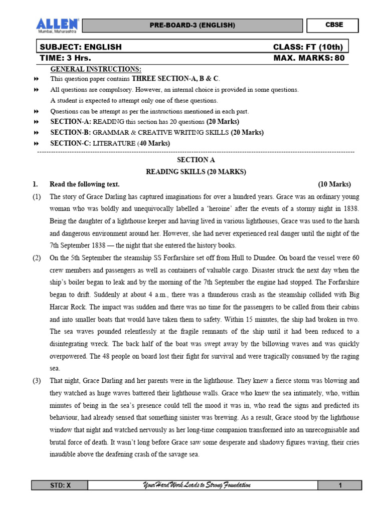 FT (10th) - English - Pre Board-3 - (Common) | PDF | Enlightenment In ...