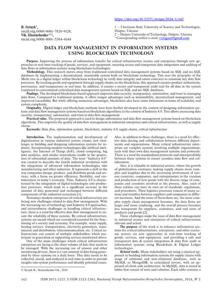 Roman Sytnyk. DATA FLOW MANAGEMENT IN INFORMATION SYSTEMS USING BLOCKCHAIN TECHNOLOGY | PDF ...
