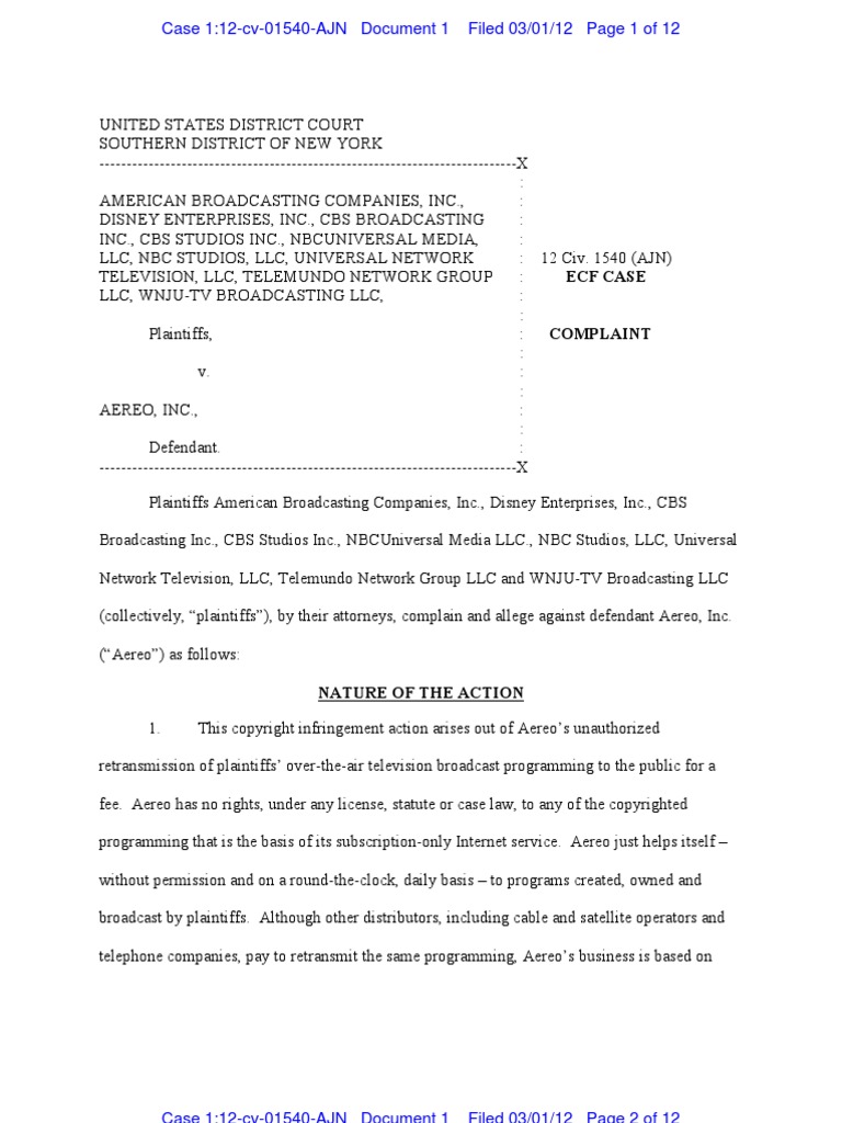 ABC Aereo Complaint | PDF | Nbc Universal | Copyright Law Of The United ...