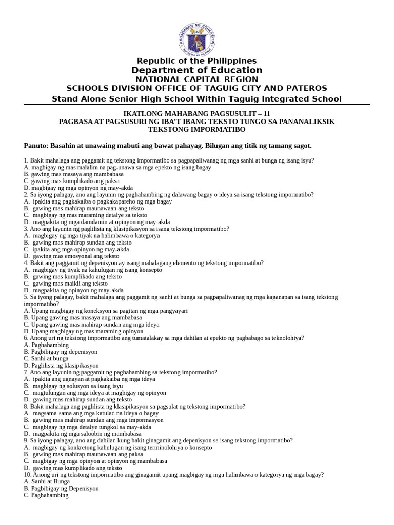 LONG TEST Pagbasa at Pagsusuri | PDF