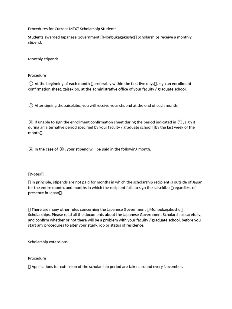 MEXT Scholarship Procedures for Students | PDF