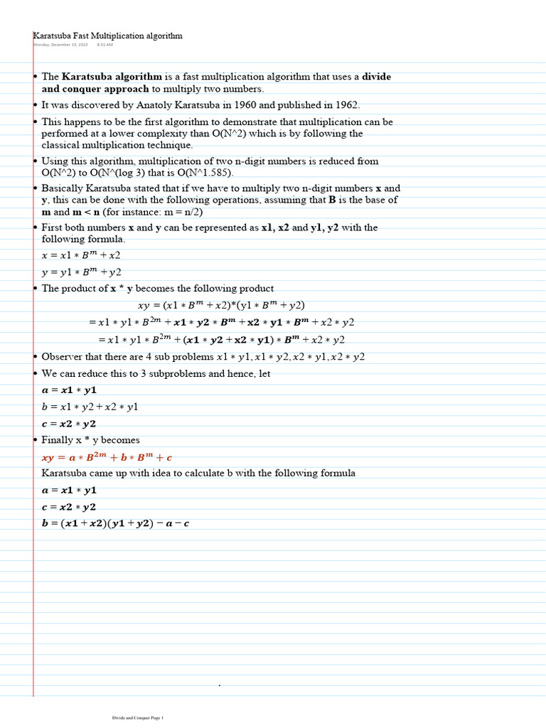 M1 Divide&Conquer - Karatsuba Fast Integer Multiplication | PDF | Multiplication | Number Theory