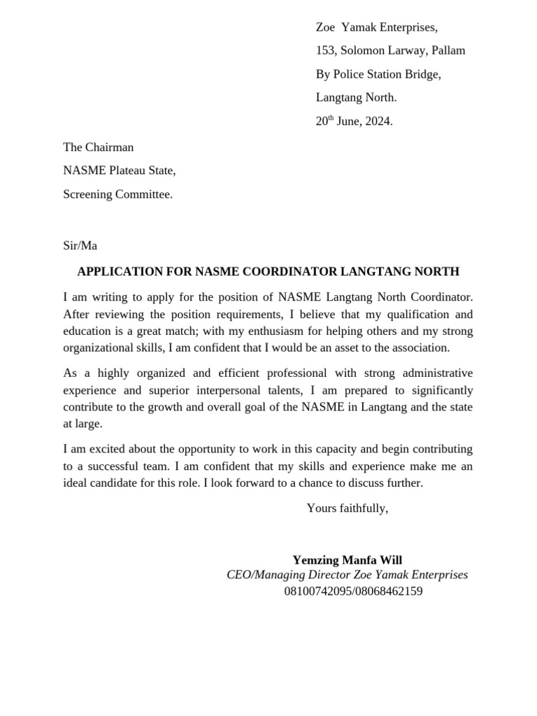 Application for NASME Coordinator Role | PDF