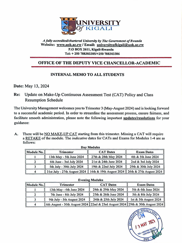 Memo - Update on Make-Up CAT and Class Resumption Schedule - May 2024 | PDF