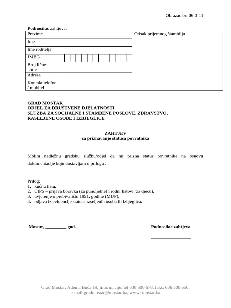 Zahtjev Za Priznavanje Statusa Povratnika | PDF