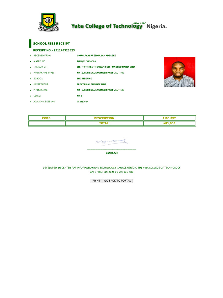 Portal - Yabatech.edu - NG Portalplus PG Print Out School Fees Receipt | PDF