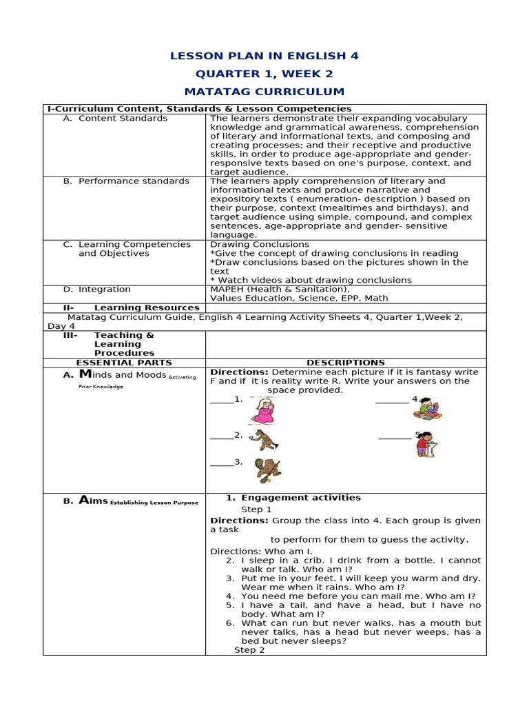 MATATAG-Curriculum-LESSON-PLAN-IN-ENGLISH-4 - Copy | PDF | Reading ...