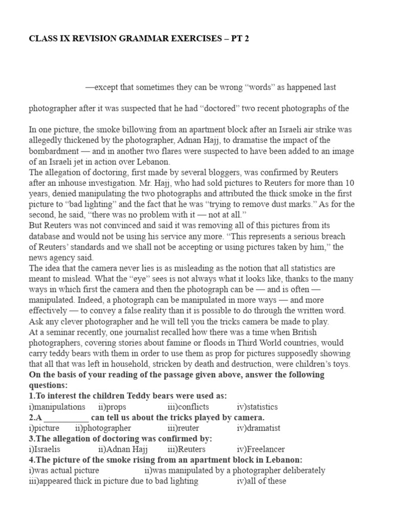 Class Ix Revision Comprehension and Grammar Exercises PT 2 | PDF
