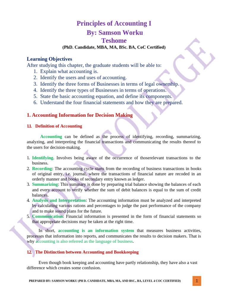Principles of Accounting I | PDF | Debits And Credits | Equity (Finance)