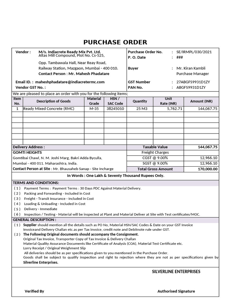 Indiacrete RMC Purchase Order Details | PDF | Invoice | Payments