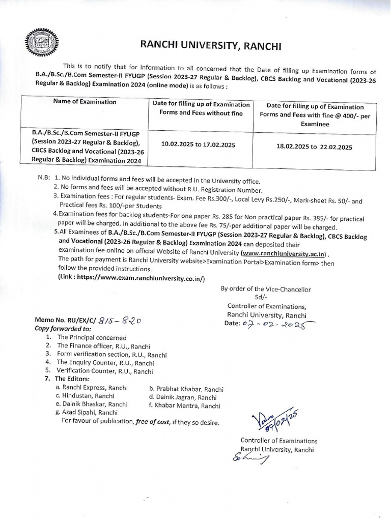 NoticeCorrected Examination Forms Filling Up of B.a., B.SC., B.com. Semester-II FYUGP (Session ...