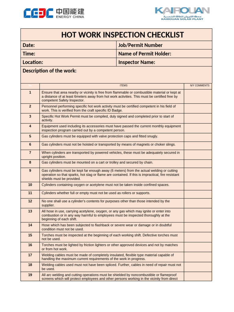 Hot Work Inspection Checklist | PDF | Welding | Construction