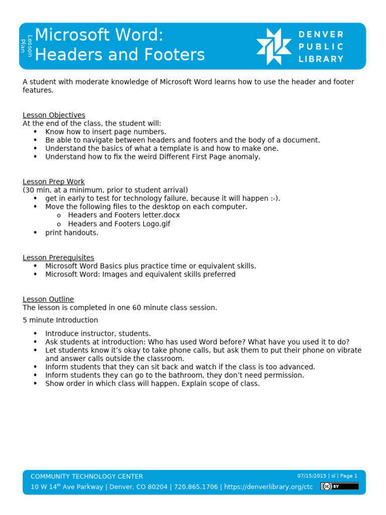 Microsoft Word - Headers and Footers Lesson Plan | PDF | Microsoft Word ...