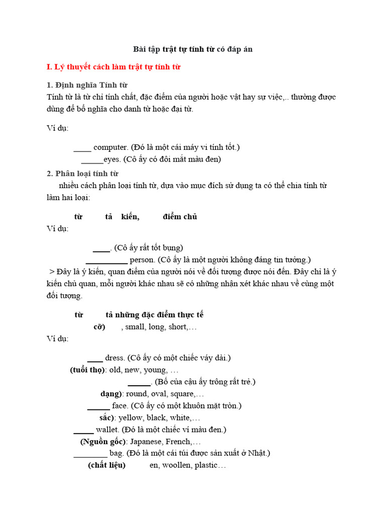 50 Bai Tap Trat Tu Tinh Tu Co Dap An | PDF