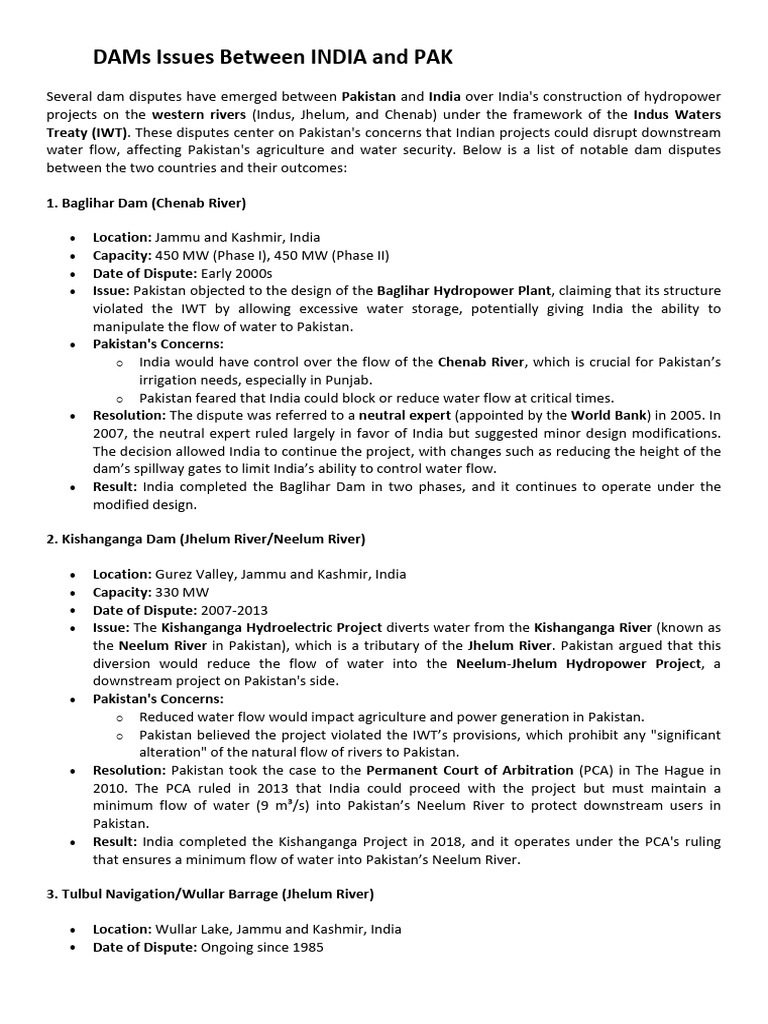 India-Pakistan Dam Disputes Overview | PDF | Hydrology | Water And The ...
