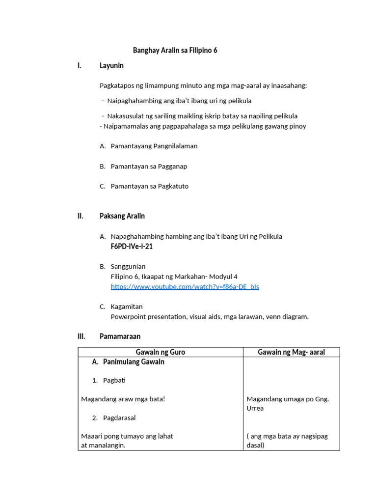 Banghay Aralin Filipino | PDF