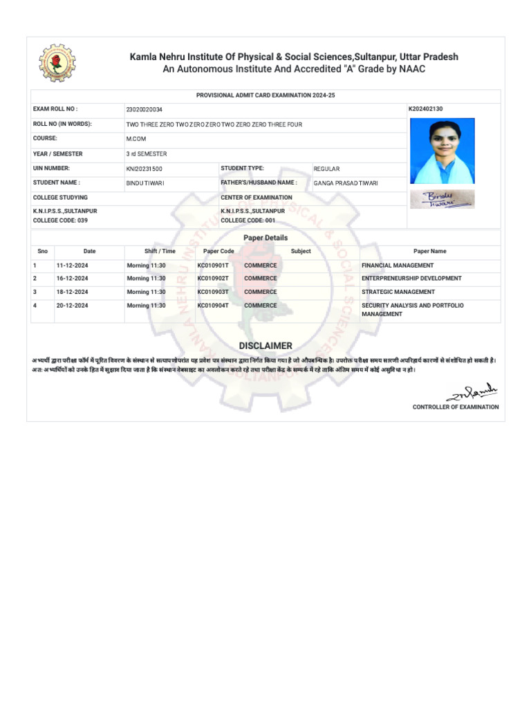 Bindu Tiwari Admit Card | PDF