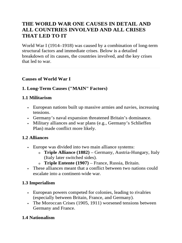 The World War One Causes in Detail and All Countries Involved and All ...