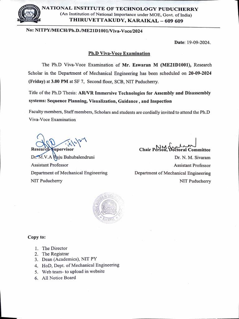Ph.D Viva-Voce: Eswaran M at NIT Puducherry | PDF