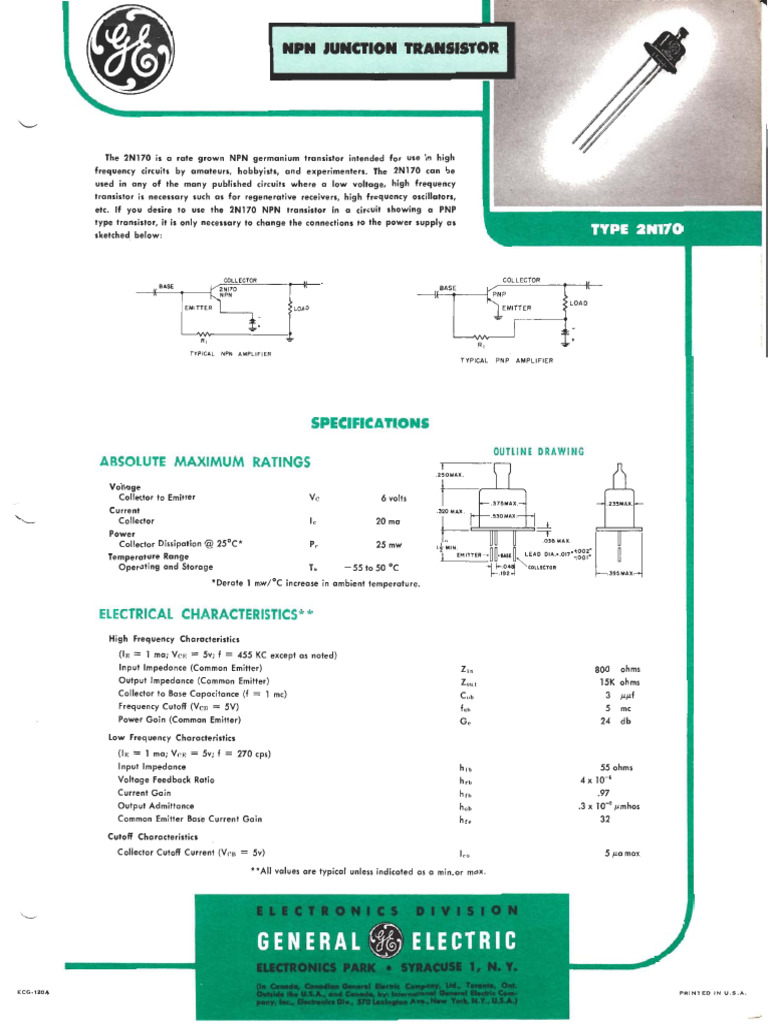 GE 2N170 NPN Junction Transistor | PDF