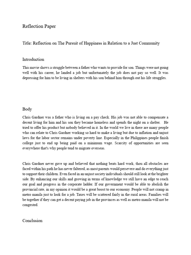 Reflection Paper: Title: Reflection On The Pursuit of Happiness in ...