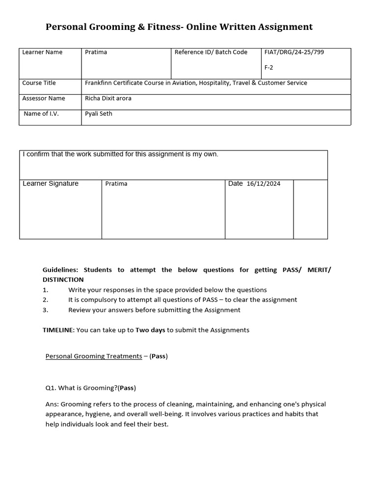 Personal Grooming & Fitness Assignment Guide | PDF | Skin ...