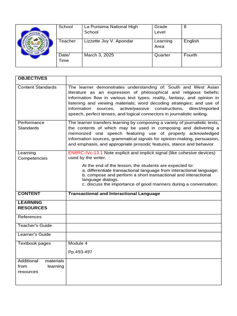 Transactional and Interactional | PDF | Learning | Verb