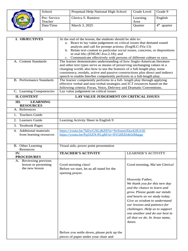 Grade 9 English Lesson on Critical Issues | PDF | Prejudices | Stereotypes