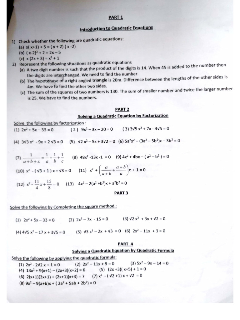 Quadratic Equations Complete Worksheet | PDF