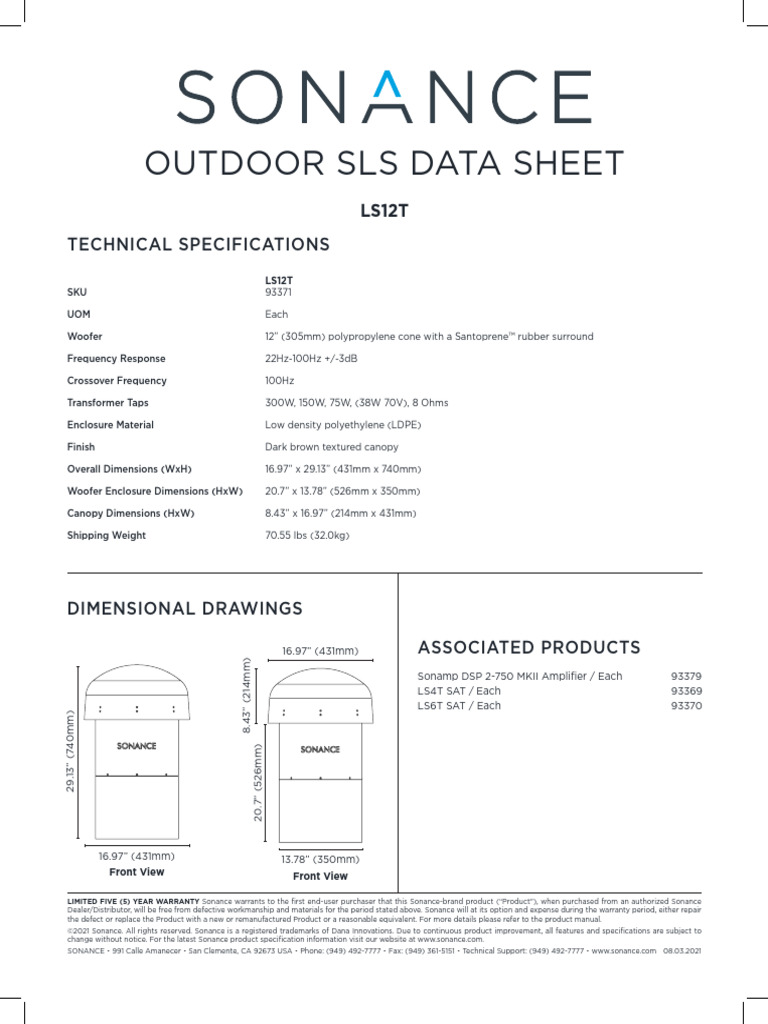 Ls12t Sub Sls Sonance Data Sheet Pdf Electronics Audio